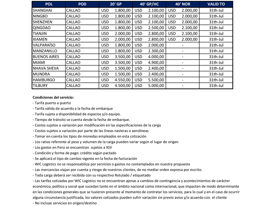 Tarifario Perú – WIC Logistics
